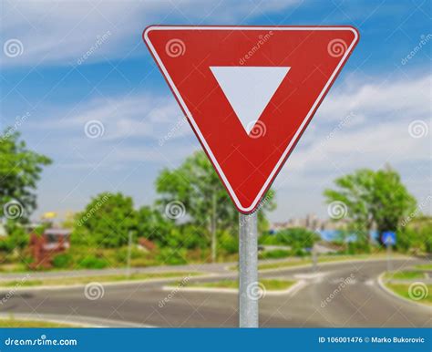 Red Triangle Road Traffic Coordination Sign On Road Stock Photo Image