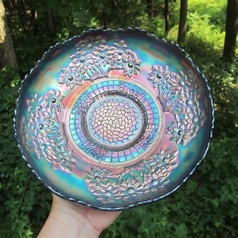 Antique Fenton Blue Orange Tree Carnival Glass Round Ics Bowl