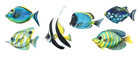 열대 지방의 산호 물고기 세트의 수채화 그림 밝고 육즙이 많은 고립 장식 디자인 포스터 엽서 초대장 인쇄물 메뉴 관광에 대한 스톡 벡터 아트 및 기타 이미지 Istock
