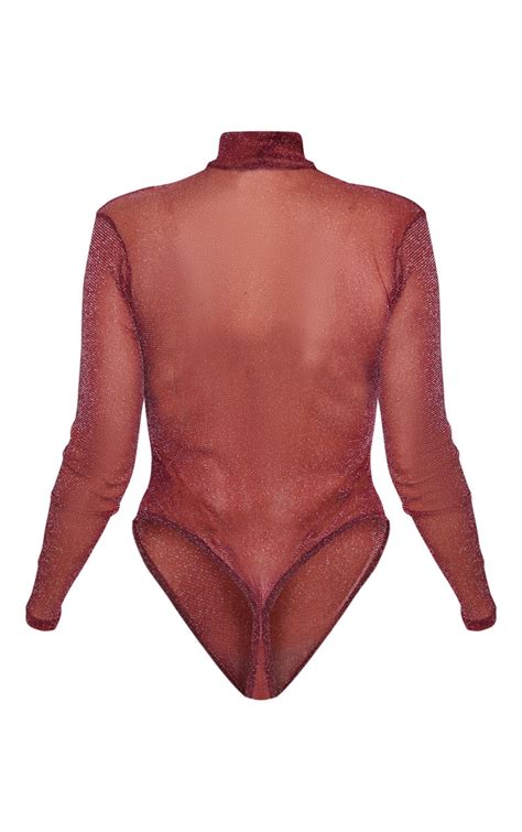 Wine Sheer Glitter High Neck Bodysuit Tops Prettylittlething