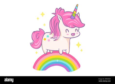 Vector Greeting Card With Cute Unicorn And Rainbow In Kawaii Style