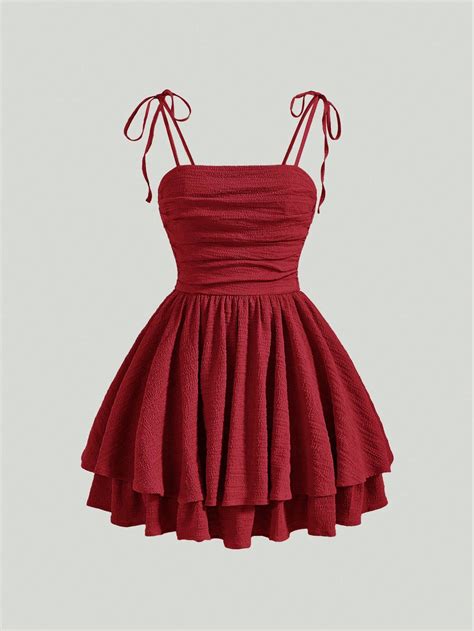 Damen einfarbiges Schulter Bindeband Geraffte Träger Kleid Stilvolle