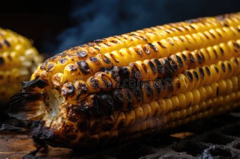 Close Up Of Grill Marks And Charred Kernels On Grilled Corn Cob Stock