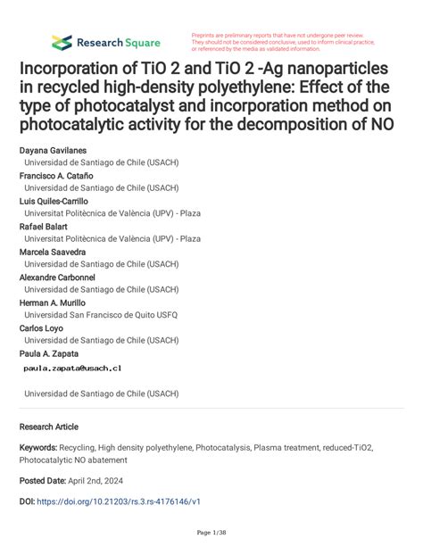 Pdf Incorporation Of Tio 2 And Tio 2 Ag Nanoparticles In Recycled High Density Polyethylene
