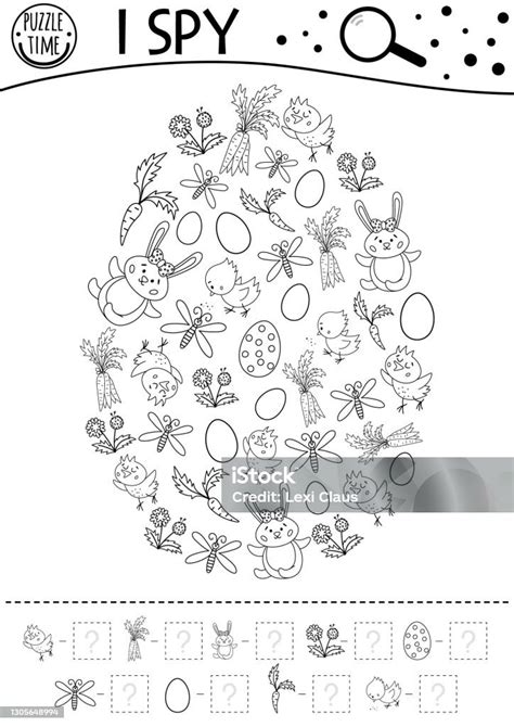 부활절 흑백 나는 아이들을위한 게임을 스파이 전통적인 휴일 물건이 있는 미취학 아동을 위한 활동을 검색하고 계산합니다 재미있는 봄 라인 인쇄 워크 시트 부활제에 대한 스톡