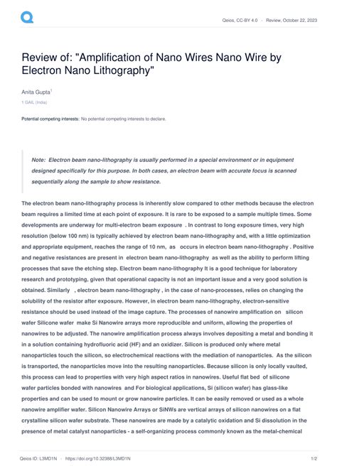 Pdf Review Of Amplification Of Nano Wires Nano Wire By Electron Nano Lithography