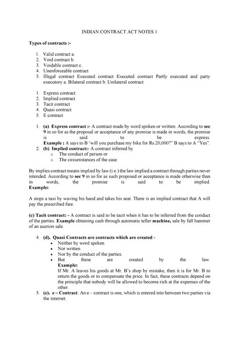 Indian Contract ACT Notes 1 INDIAN CONTRACT ACT NOTES 1 Types Of