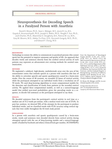 Neuroprosthesis For Decoding Speech In A Paralyzed Person With