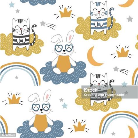 귀여운 고양이 토끼와 유치 한 완벽 한 패턴입니다 보육 장식 포장지 섬유 직물 아이 대 한 벡터 배경 0명에 대한 스톡 벡터