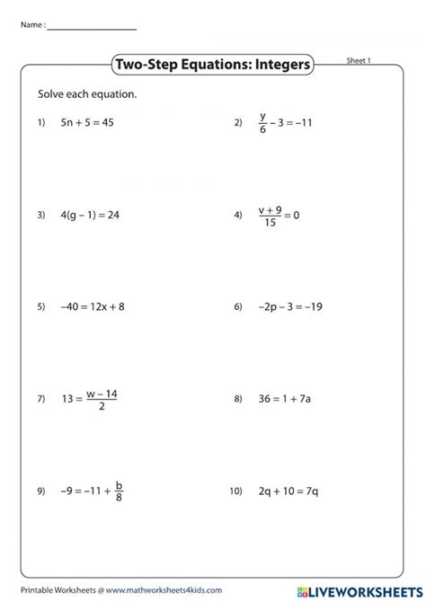Two Step Equations Integers Worksheet Printable Pdf Template