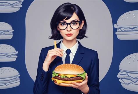 A Cartoon Of A Woman Holding A Hamburger With A Hamburger On It