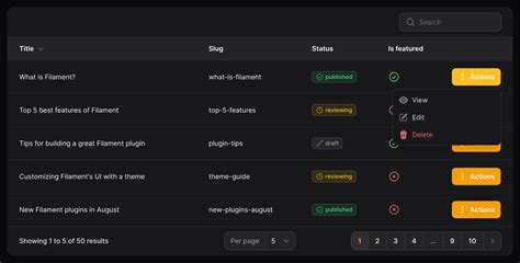 Actions Tables Filament