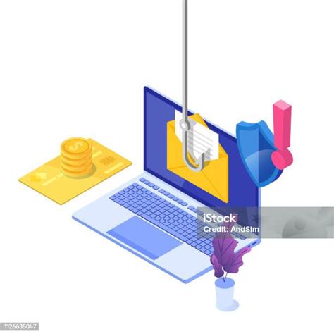 노트북 개념에 온라인 사기 해킹 데이터 피싱 아이소메트릭 이메일로 낚시입니다 사이버 도둑입니다 벡터 일러스트입니다 보안에 대한 스톡 벡터 아트 및 기타 이미지 Istock