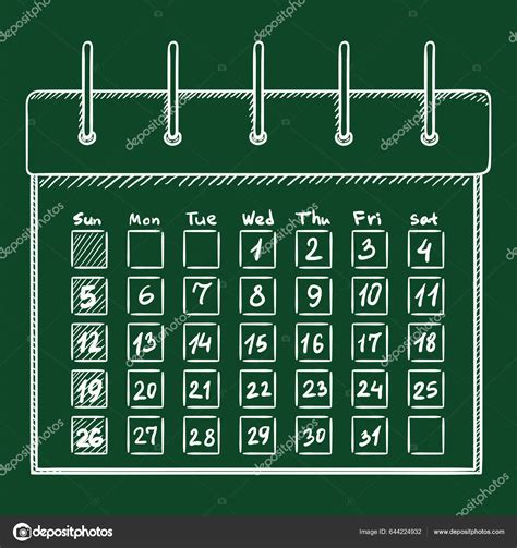 Chalk Sketch Calendar Dates Weekdays Vector Hand Drawn Illustration