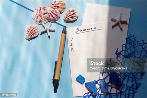 종이와 화학 푸른 바탕에 바다 포탄의 시트입니다 평면도 개념에 대한 스톡 사진 및 기타 이미지 개념 개념과 주제 계절 Istock