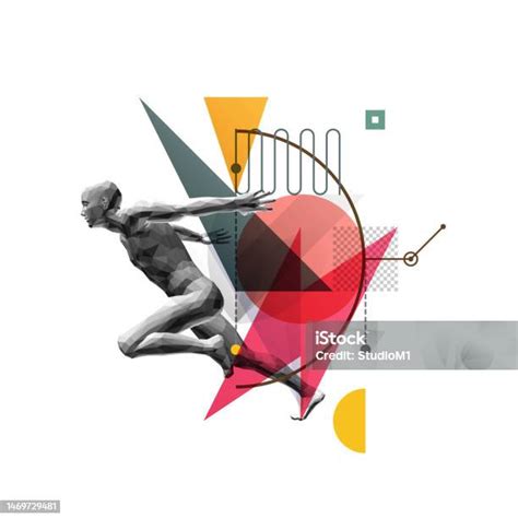예술 구성 런닝맨 또는 마라톤 선수 3d 인체 모델 스포츠를 위한 디자인 투명도 기하학적 배경입니다 프리젠 테이션 포스터 표지