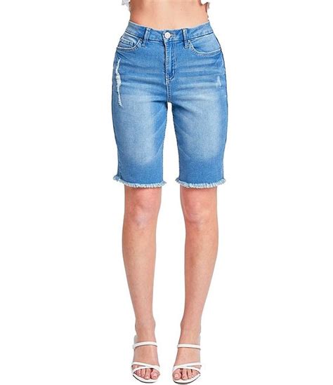 Ymi Jeanswear High Rise Frayed Hem Distressed Denim Bermuda Shorts