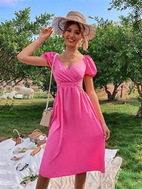 Cut Out Waist Puff Sleeve Dress Chic Feminine Style Puffed Sleeves