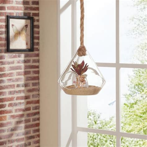 Danya B 8 In Diamond Shape Clear Glass Hanging Planter With Rope