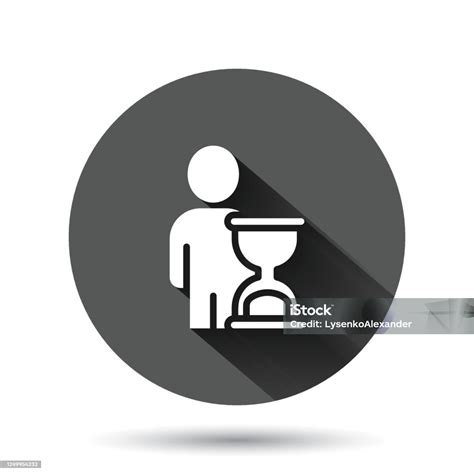 평평한 스타일의 사람과 시계 아이콘 긴 그림자 효과와 검은 둥근 배경에 사용자 시간 벡터 그림 사업가 서클 버튼 비즈니스 개념 0명에 대한 스톡 벡터 아트 및 기타 이미지