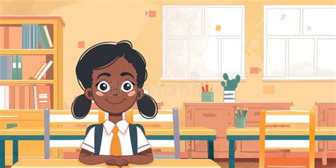 African American Seven Year Old Girl Sits At Desk In Classroom With