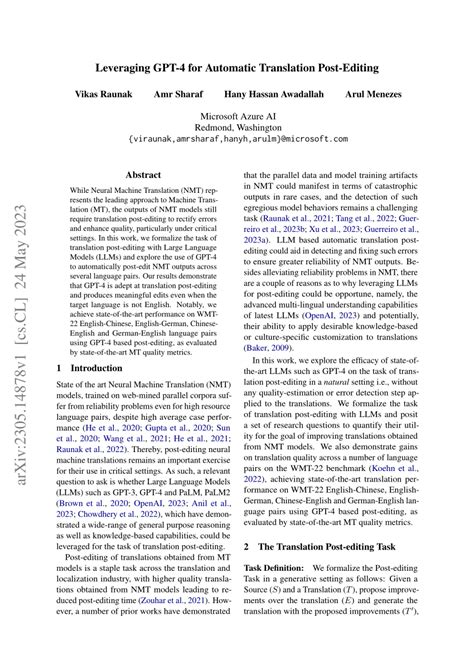 Pdf Leveraging Gpt 4 For Automatic Translation Post Editing