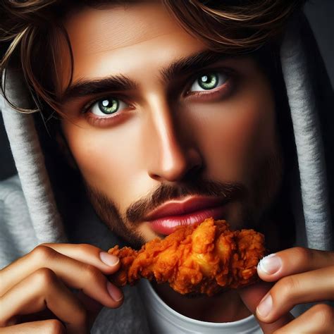 Closeup Of A Handsome Man With Light Eyes And A Beard Eating A