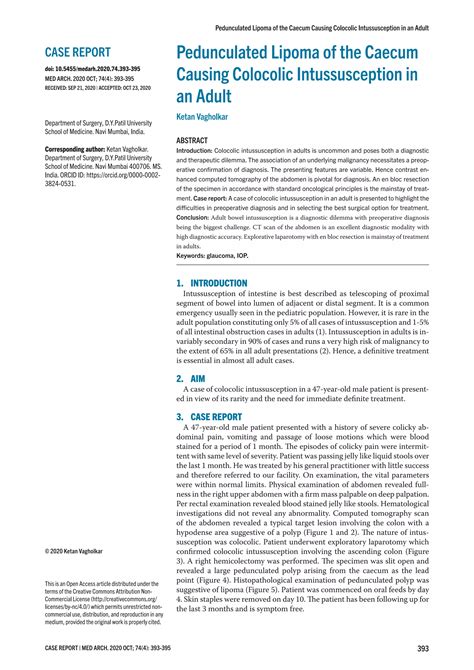 Pedunculated Lipoma Of The Caecum Causing Colocolic Intussusception In