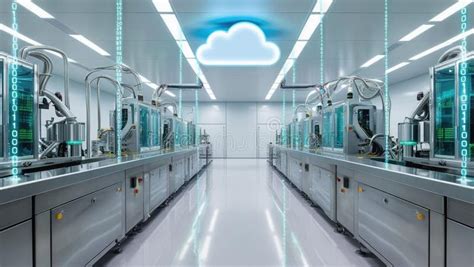 smart factory floor with automated machinery and glowing binary code