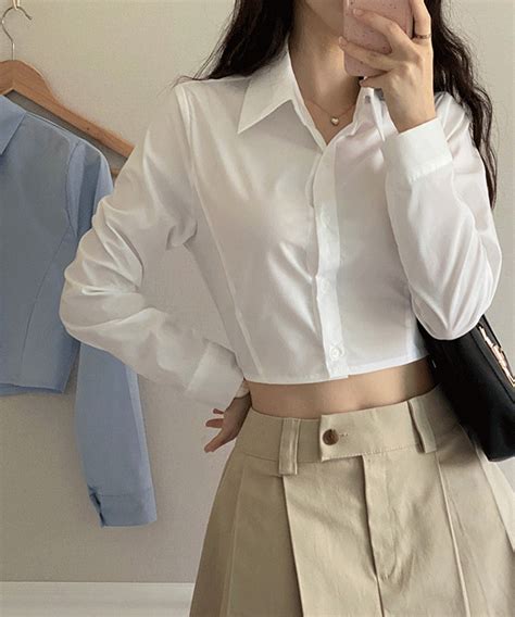 [몸매보정] 베이직 스판 다트 핀턱 크롭 셔츠 2color 에이블리