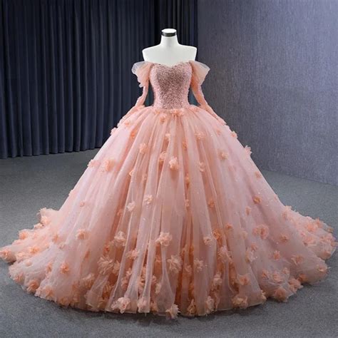 Light Pink 3d Flora Lace Princess Ball Princess Gown For Women