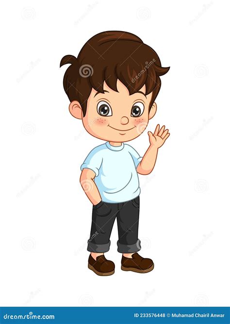 Niño Pequeño Feliz Con Dibujos Animados Ondeando La Mano Ilustración