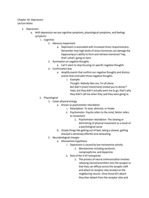 Chapter 18 Depression Lecture Notes Pdf Serotonin Neurotransmitter