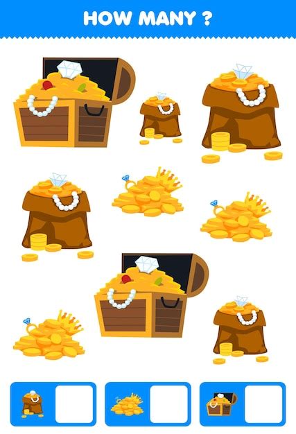 귀여운 만화 보물 상자 골드 인쇄 가능한 해적 워크시트의 개체 수를 검색하고 세는 어린이를 위한 교육 게임 프리미엄 벡터