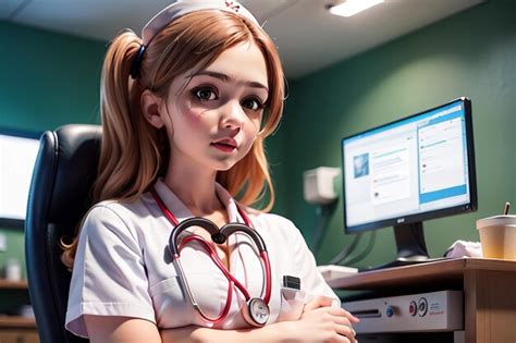Premium Photo A Nurse Sits In Front Of A Computer Screen With A Blue