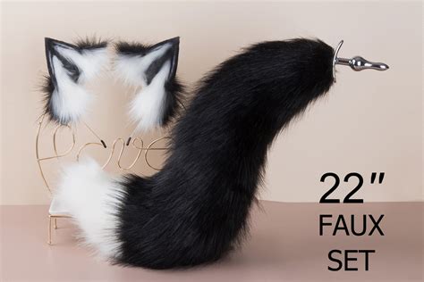Black White Faux Fur Fox Tail Plug And Ear Set Curvy Wolf Tail Butt Pl
