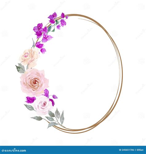 Marco Ovalado Con Rosas Blancas Y Rosas Rosadas Buganvillas Violetas
