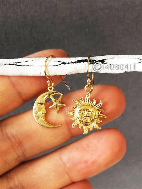 Dainty Sun And Moon Mismatched Earrings Celestial Earrings Etsy