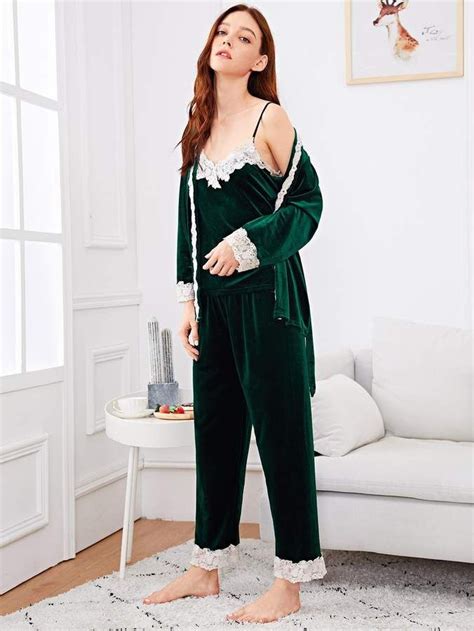 Shein Contrast Lace Cami Pajama Set With Robe Cami Pajama Sets Lace