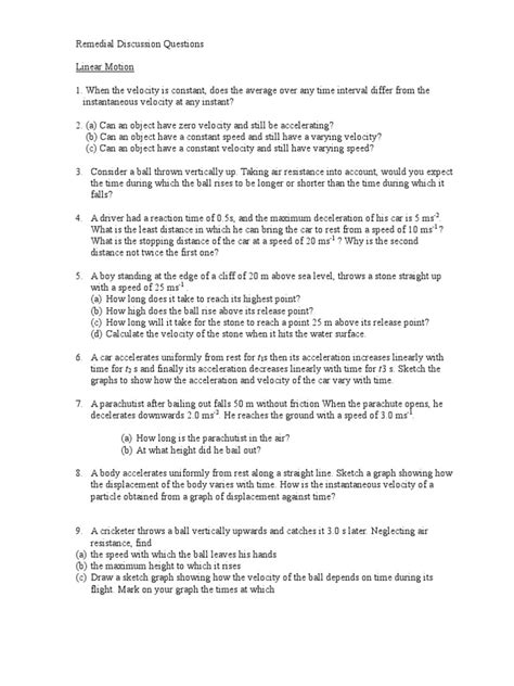 Session 1 Kinematics Questions Pdf Acceleration Speed