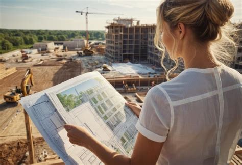 Premium Photo Female Architect Reviewing Construction Plans On Site Professional Focus And