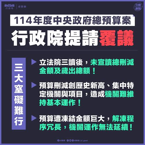 中華民國行政院 行政院院會今日通過《114年度中央政府總預算》覆議案 總預算案覆議之三大理由：