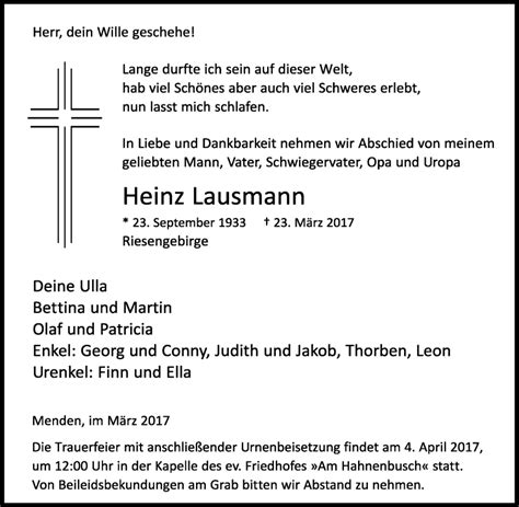 Traueranzeigen Von Heinz Lausmann Trauer In Nrw De