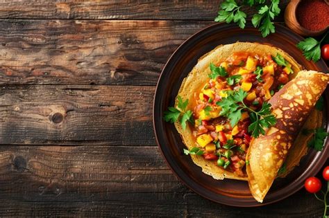 Masala Dosa Indian Traditional Food With Sambhar Decorated On Plate