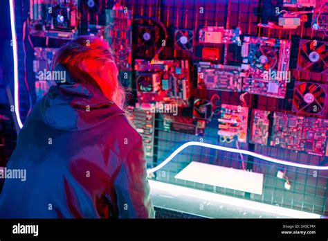 Asian Woman Wearing A Black Jacket Hacking Programming System Check Hacking Hardware Circuit In