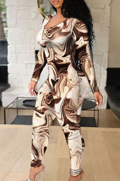 Sexy Print Hollowed Out O Neck Skinny Jumpsuits