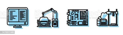 세트 라인 전자 컴퓨터 구성 요소 마더 보드 디지털 칩 컴퓨터 모니터 화면 산업 기계 로봇 로봇 팔 손 및 3d 프린터 아이콘 벡터 컴퓨터 칩에 대한 스톡 벡터 아트 및