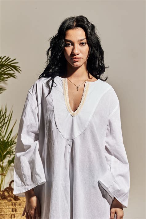 Long Sleeve White Linen Galabiya Border Collar Pattern Bagaweet