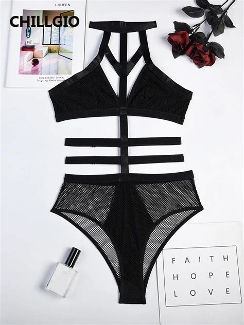 Chillgio Women Hollow Mesh Bodysuits Fashion Solid Onesie Lingerie