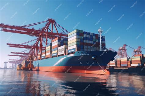 Premium Photo Container Ship At The Berth In Cargo Terminal Of The Port Under Loading Port